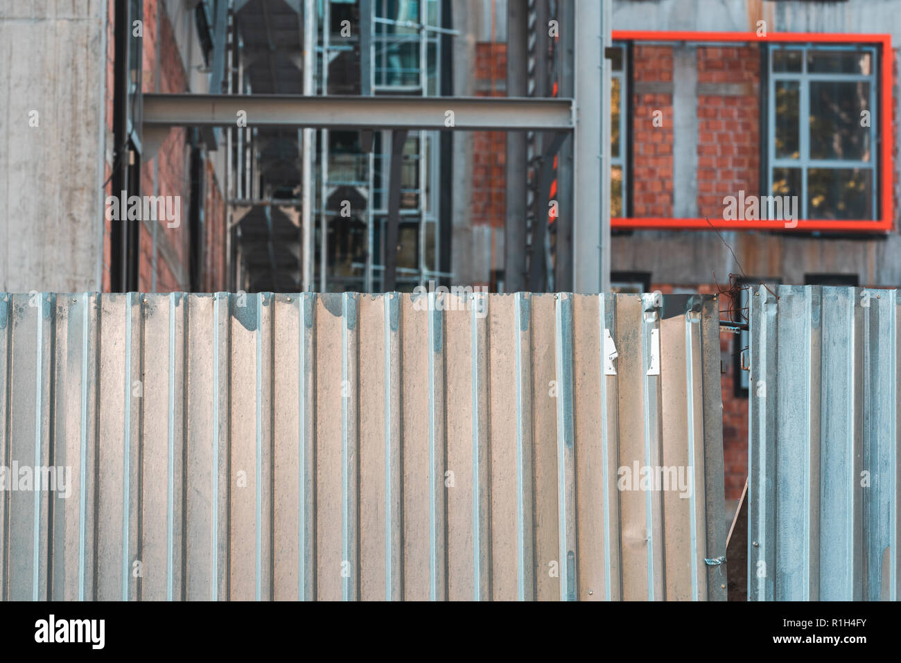 Corrugated metal fence on construction site, urban details and ...