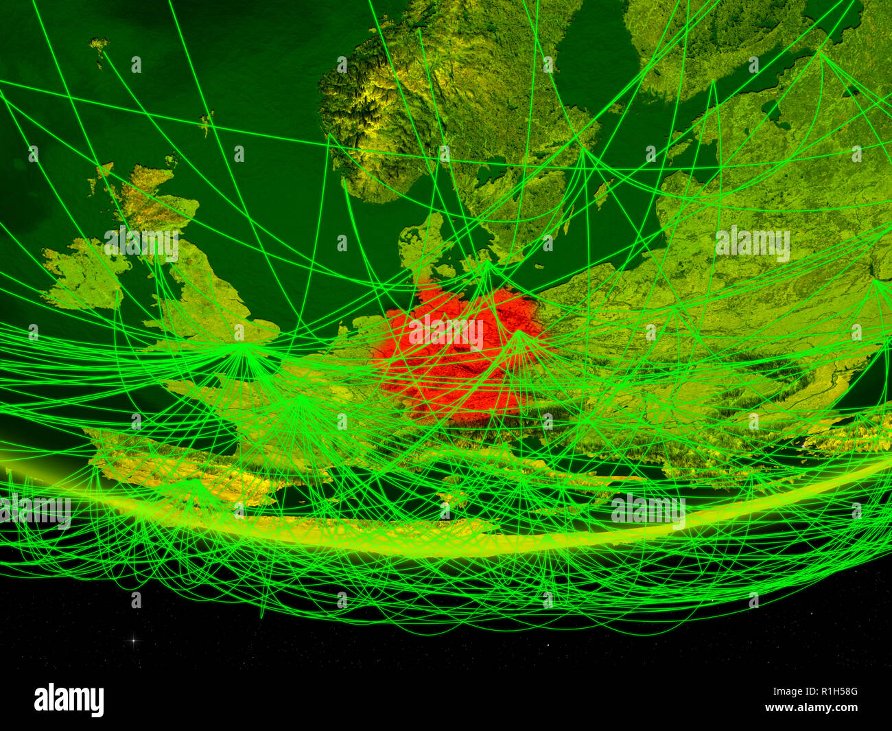 Germany on green model of planet Earth with network representing ...