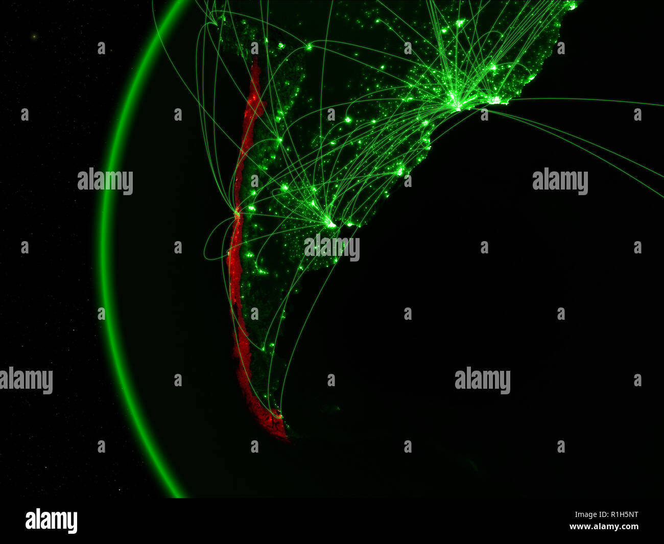 Chile from space on green model of Earth with international networks ...