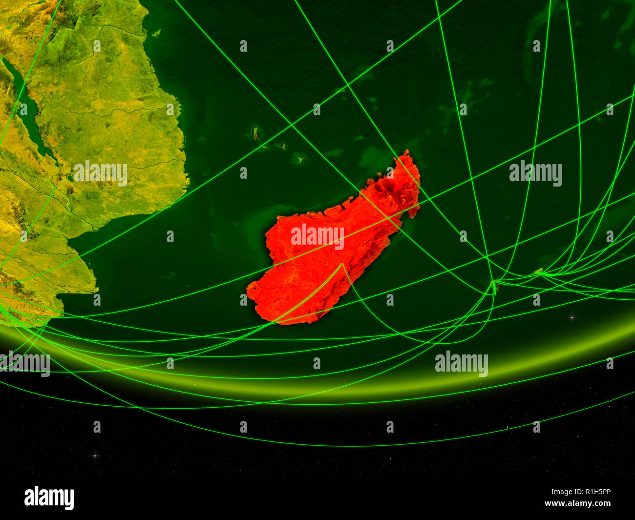 Madagascar on green model of planet Earth with network representing ...
