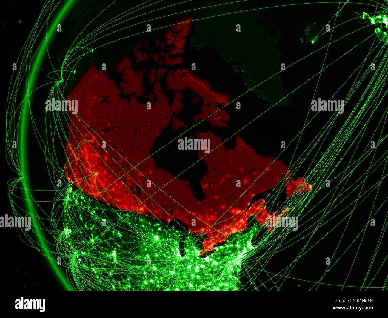 Canada from space on green model of Earth with international networks ...