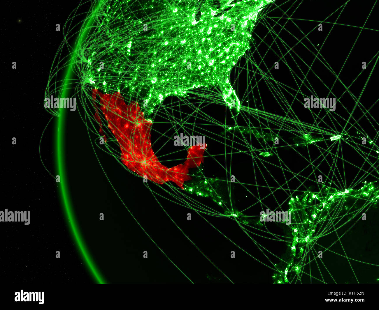 Mexico from space on green model of Earth with international networks ...