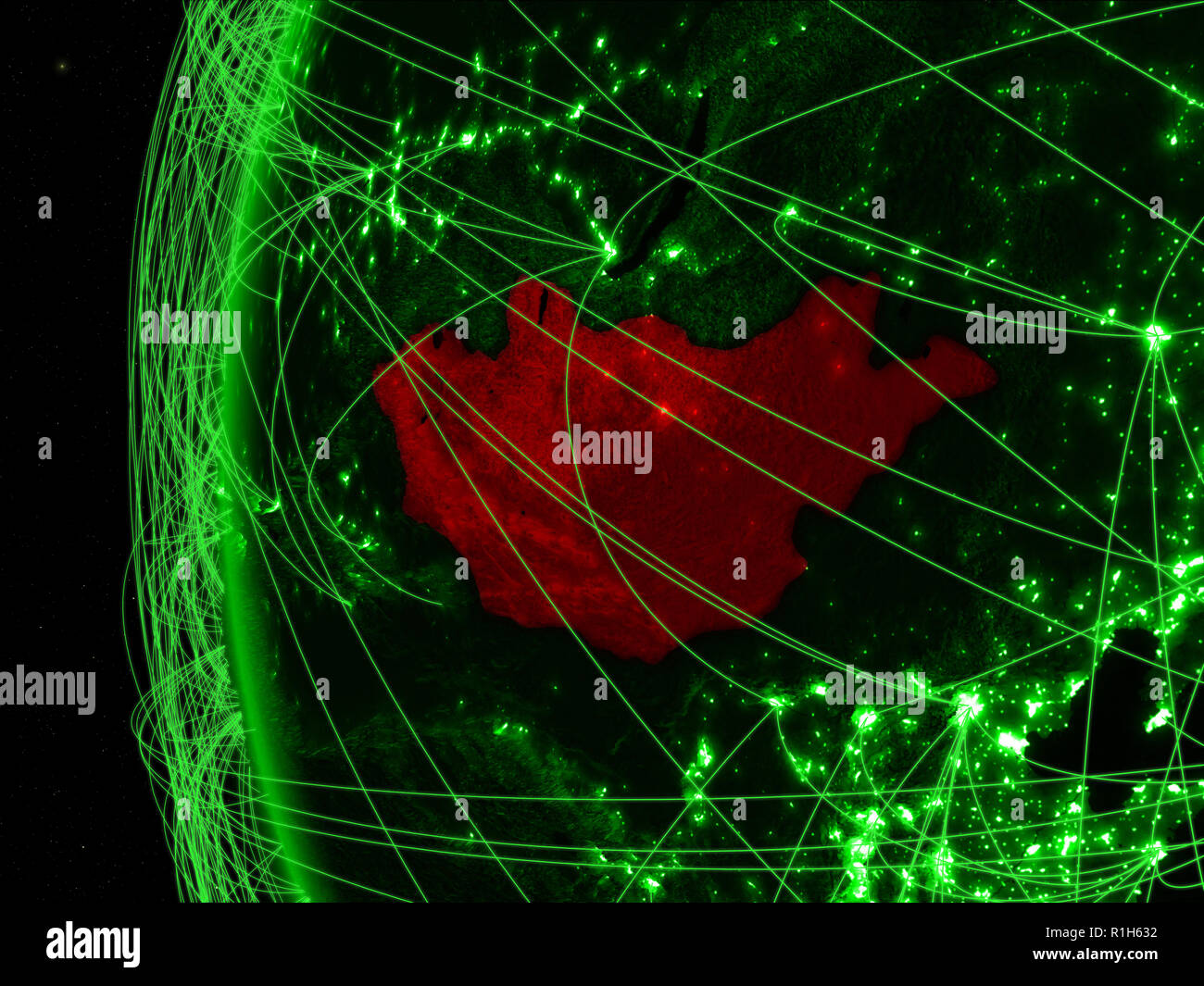 Mongolia from space on green model of Earth with international networks ...
