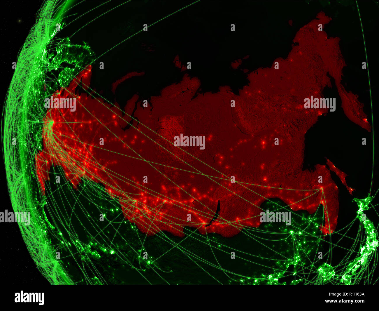 Russia from space on green model of Earth with international networks ...