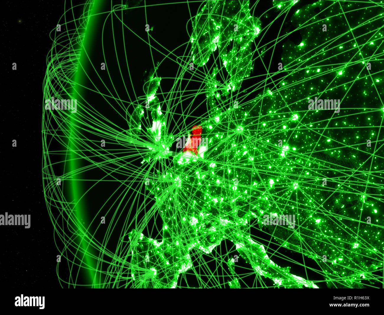 Netherlands from space on green model of Earth with international ...