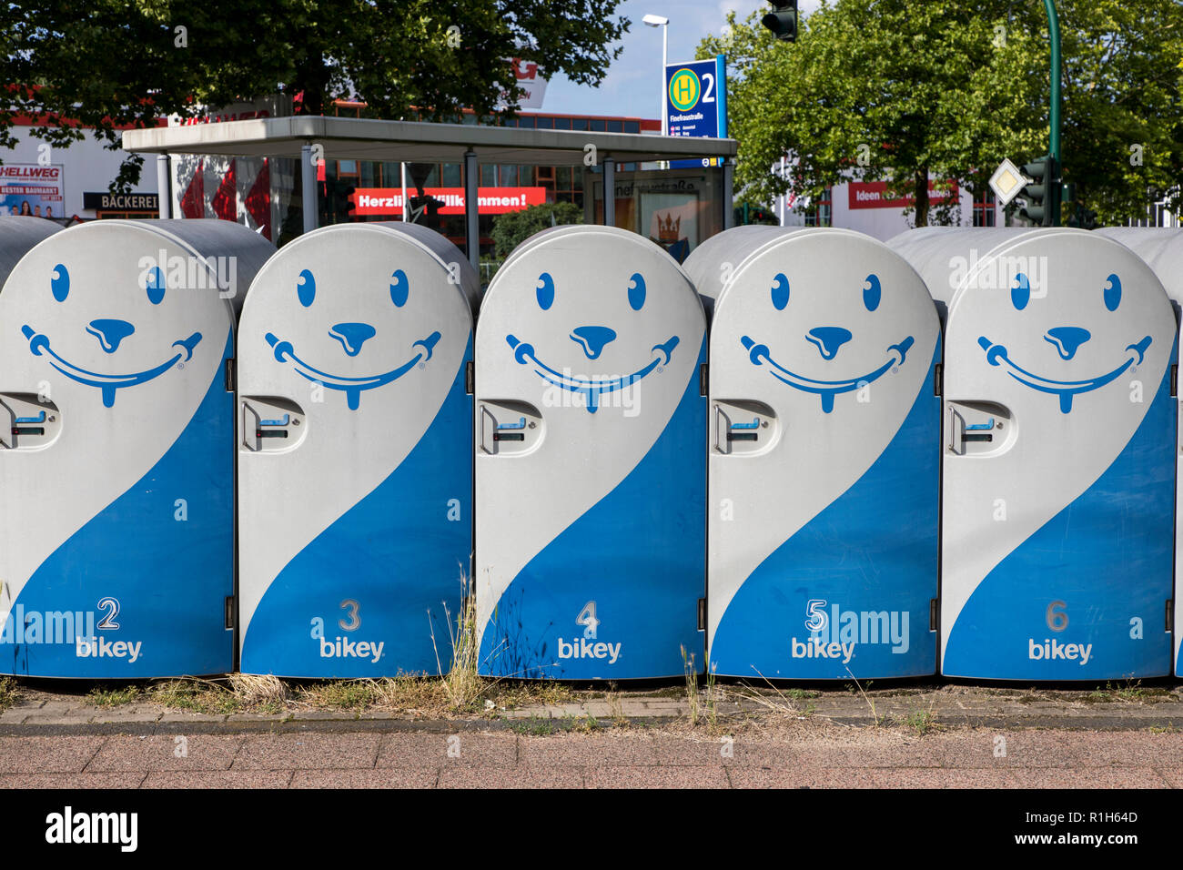 Bicycle boxes at a bus and tram stop in Essen, commuters can rent the ...