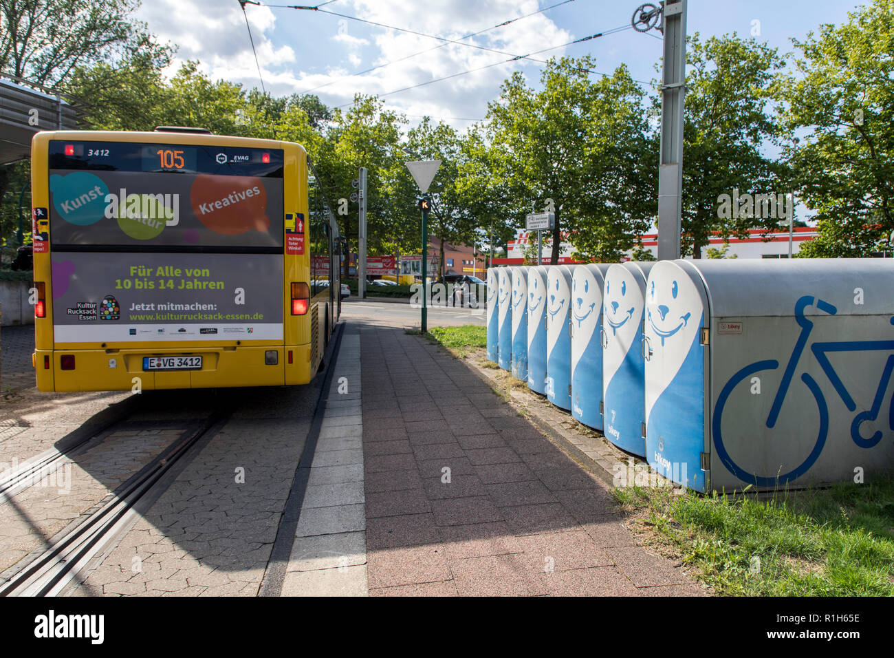 Bicycle boxes at a bus and tram stop in Essen, commuters can rent the ...