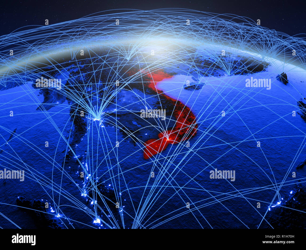 Vietnam on blue digital planet Earth with international network ...