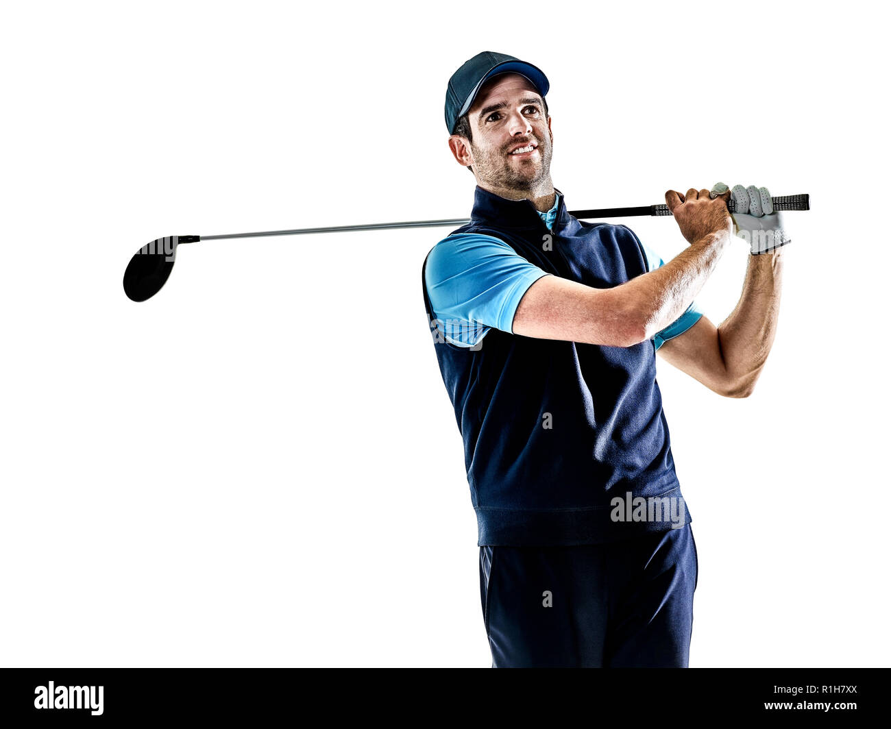 one caucasian man golfer golfing in studio isolated on white background ...