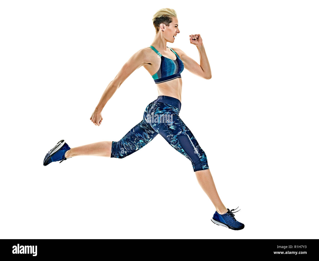 one young caucasian woman runner running jogger jogging studio isolated ...