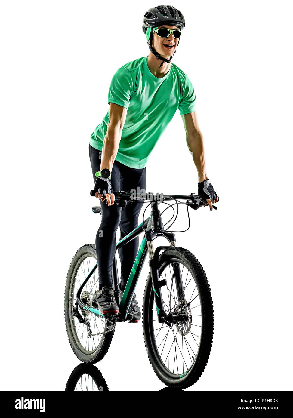 one caucasian man practicing man mountain bike bking isolated on white ...