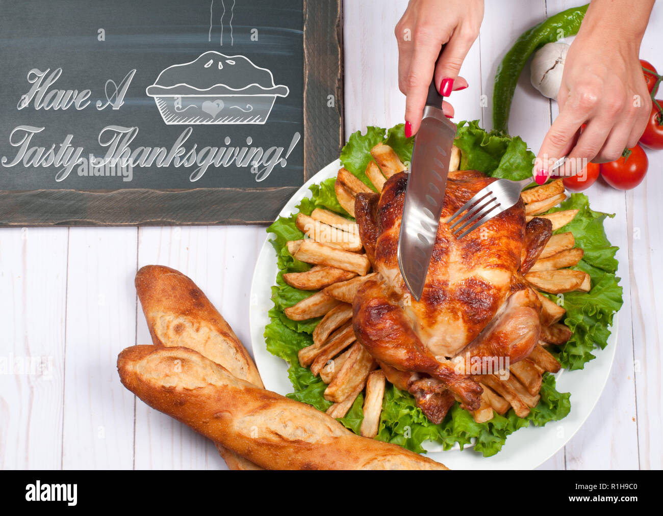 Homemade roasted whole turkey on wooden table. Thanksgiving Celebration ...