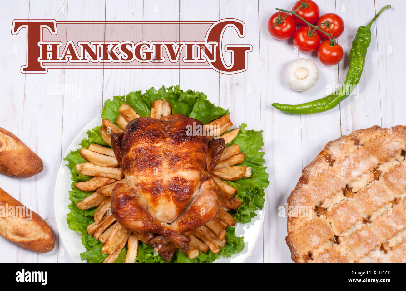 Homemade roasted whole turkey on wooden table. Thanksgiving Celebration ...