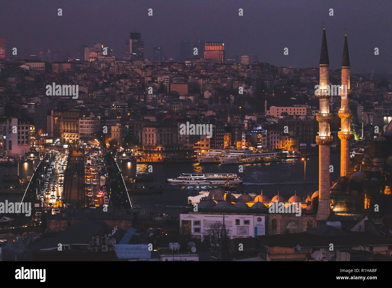 Istanbul night view from Valide Han roof. Illuminated lights city ...