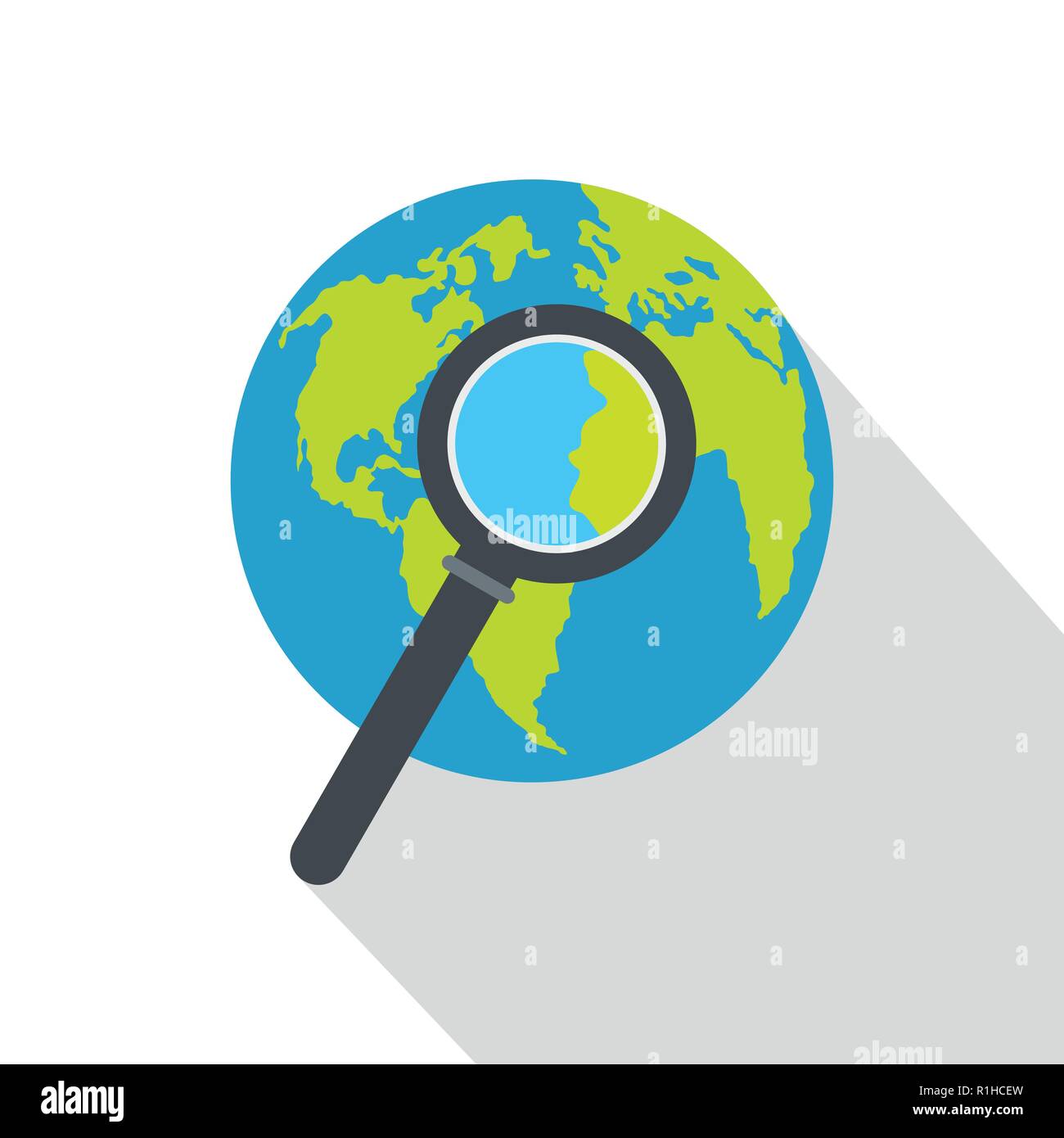 Magnifier on earth icon. Flat illustration of magnifier on earth vector ...