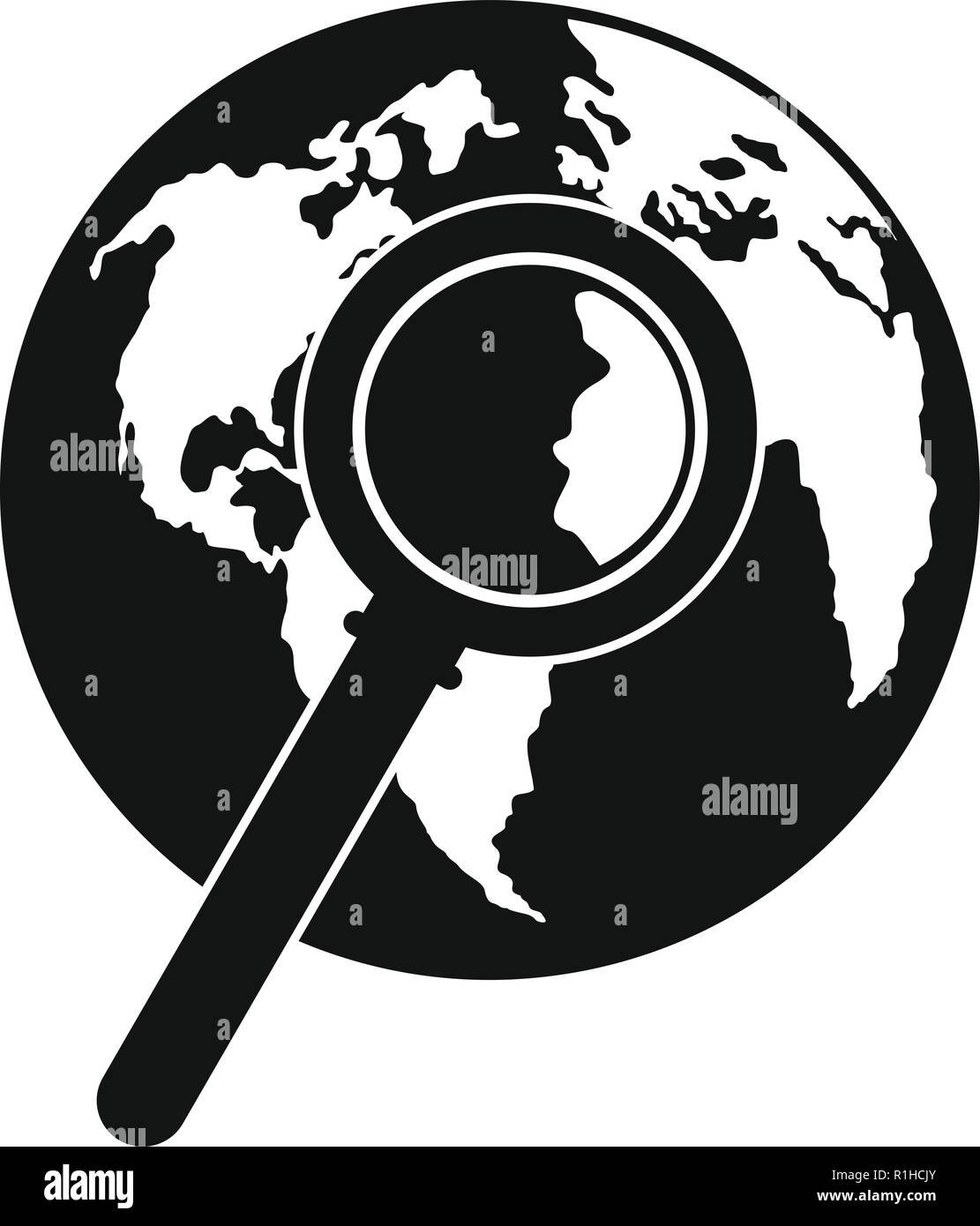 Magnifier on earth icon. Simple illustration of magnifier on earth ...