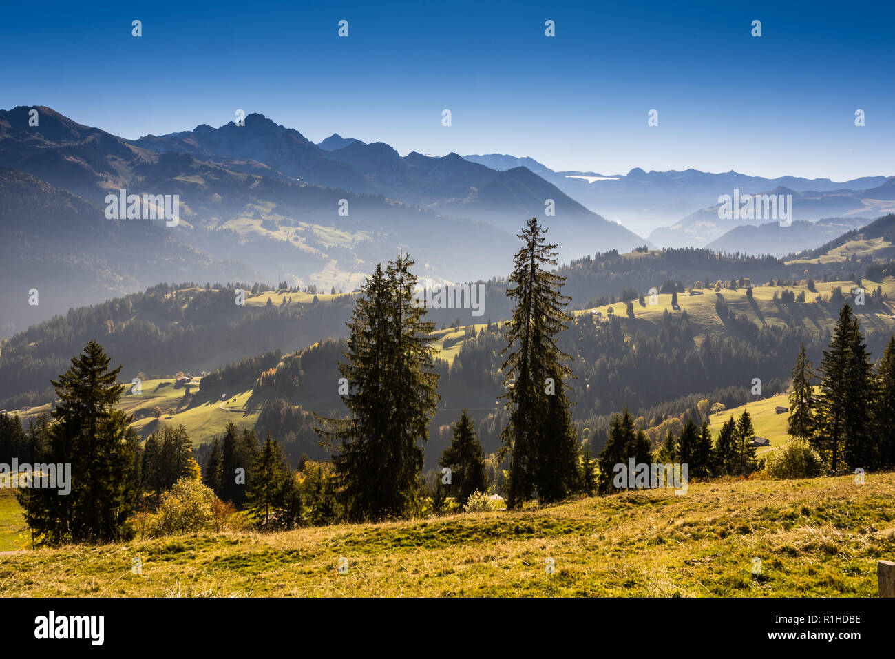 panoramic view Jaun pass in Simmental, Alps, Switzerland Stock Photo ...