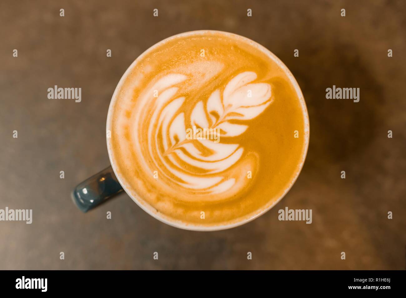 Top view, latte art, cup of coffee on the gray stone tabletop Stock ...