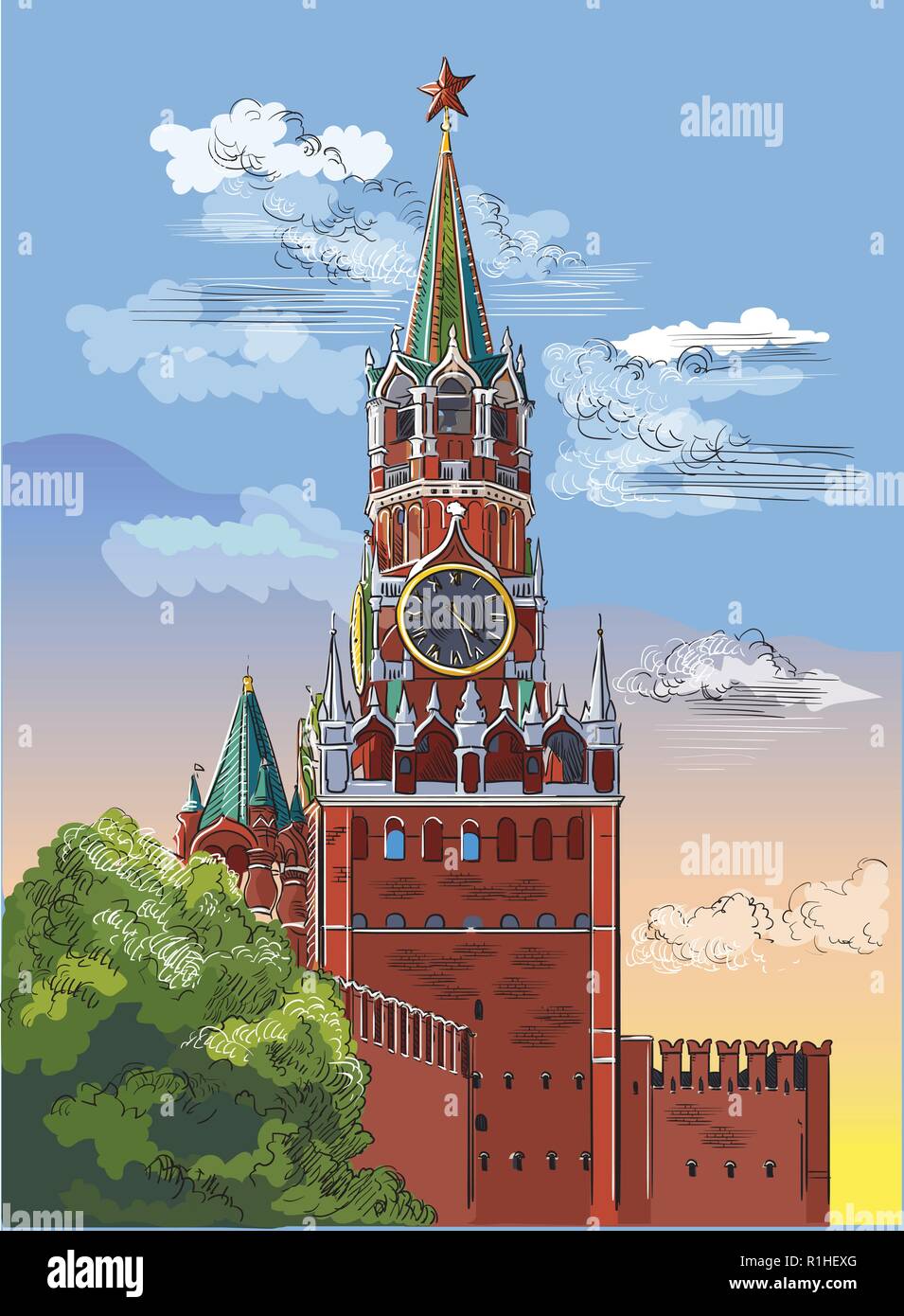 Cityscape of Kremlin Spasskaya tower (Red Square, Moscow, Russia ...