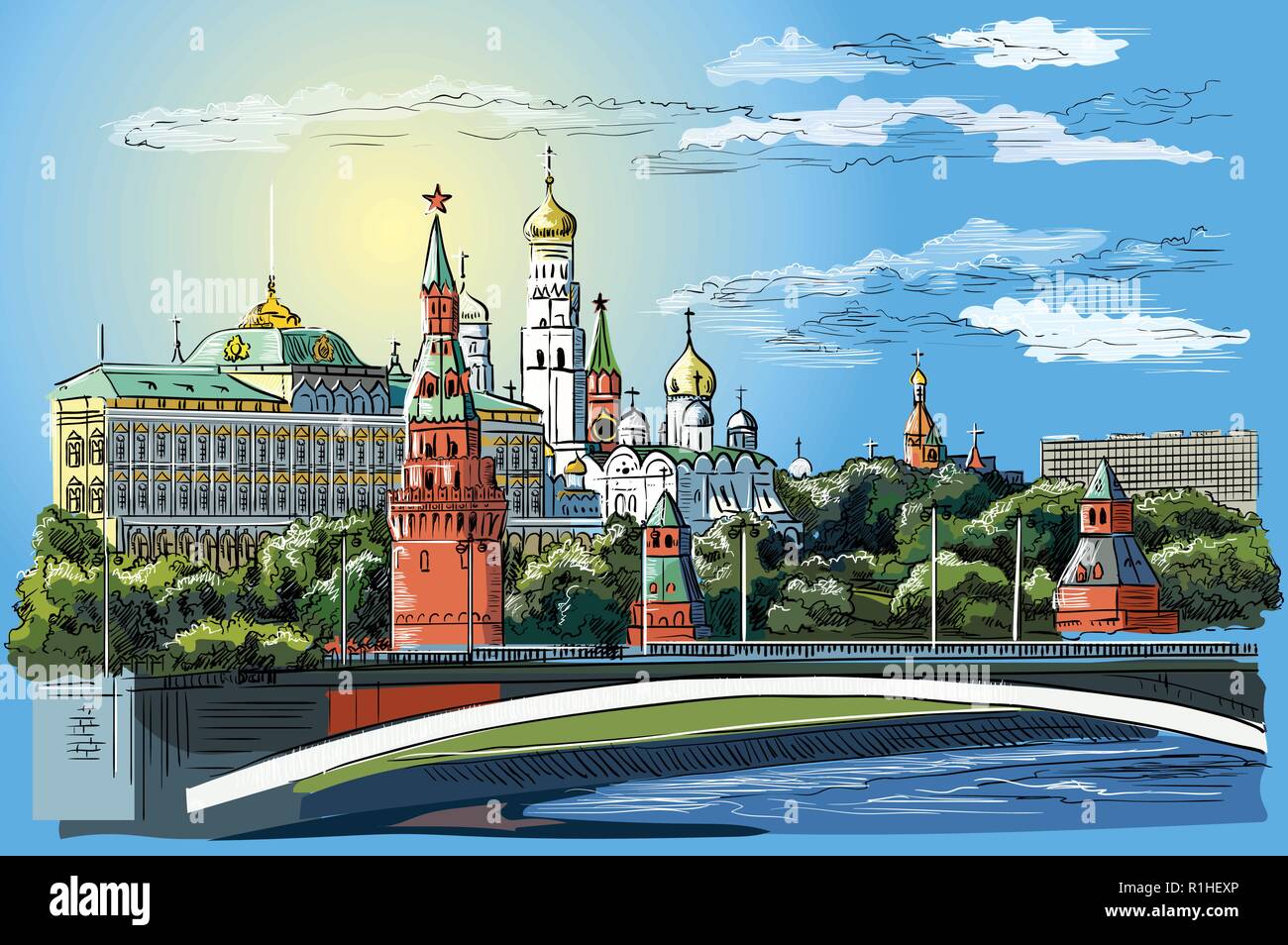 Cityscape of embankment of Kremlin towers and bridge across Moscow ...