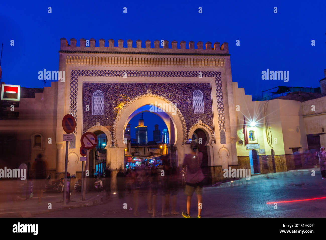The Blue gate of Fez by night, Morocco Stock Photo - Alamy