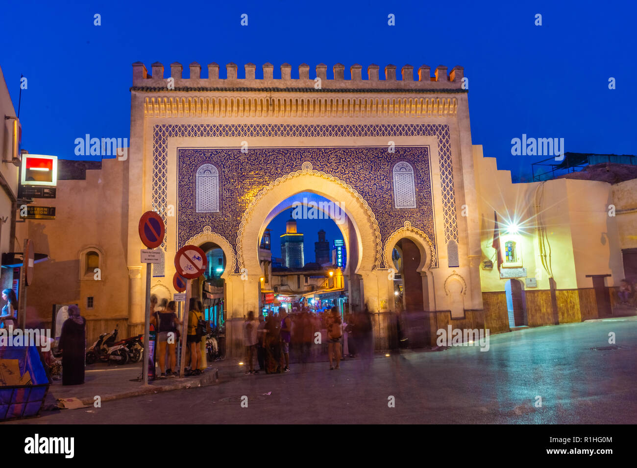 The Blue gate of Fez by night, Morocco Stock Photo - Alamy
