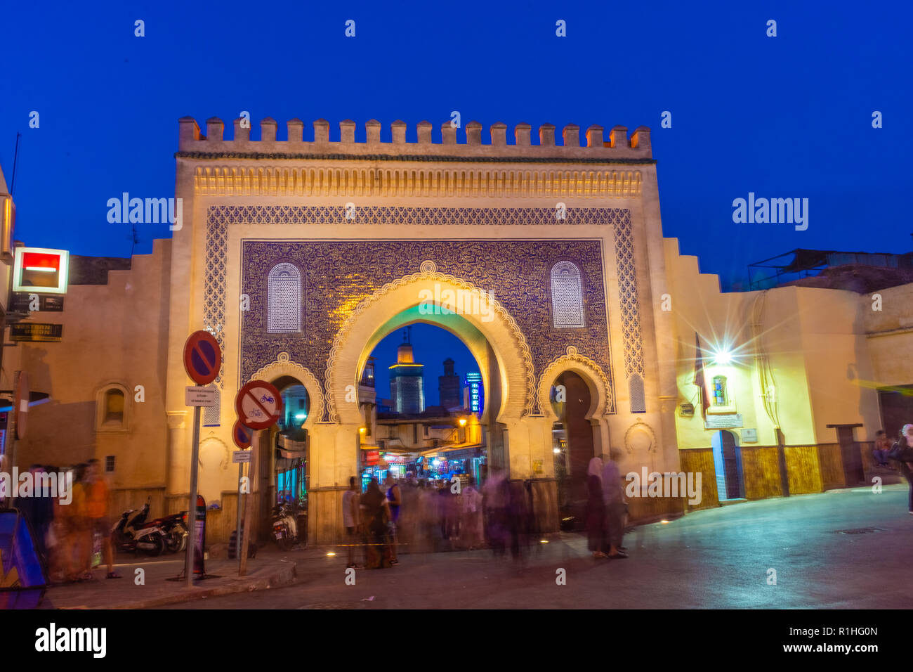 The Blue gate of Fez by night, Morocco Stock Photo - Alamy