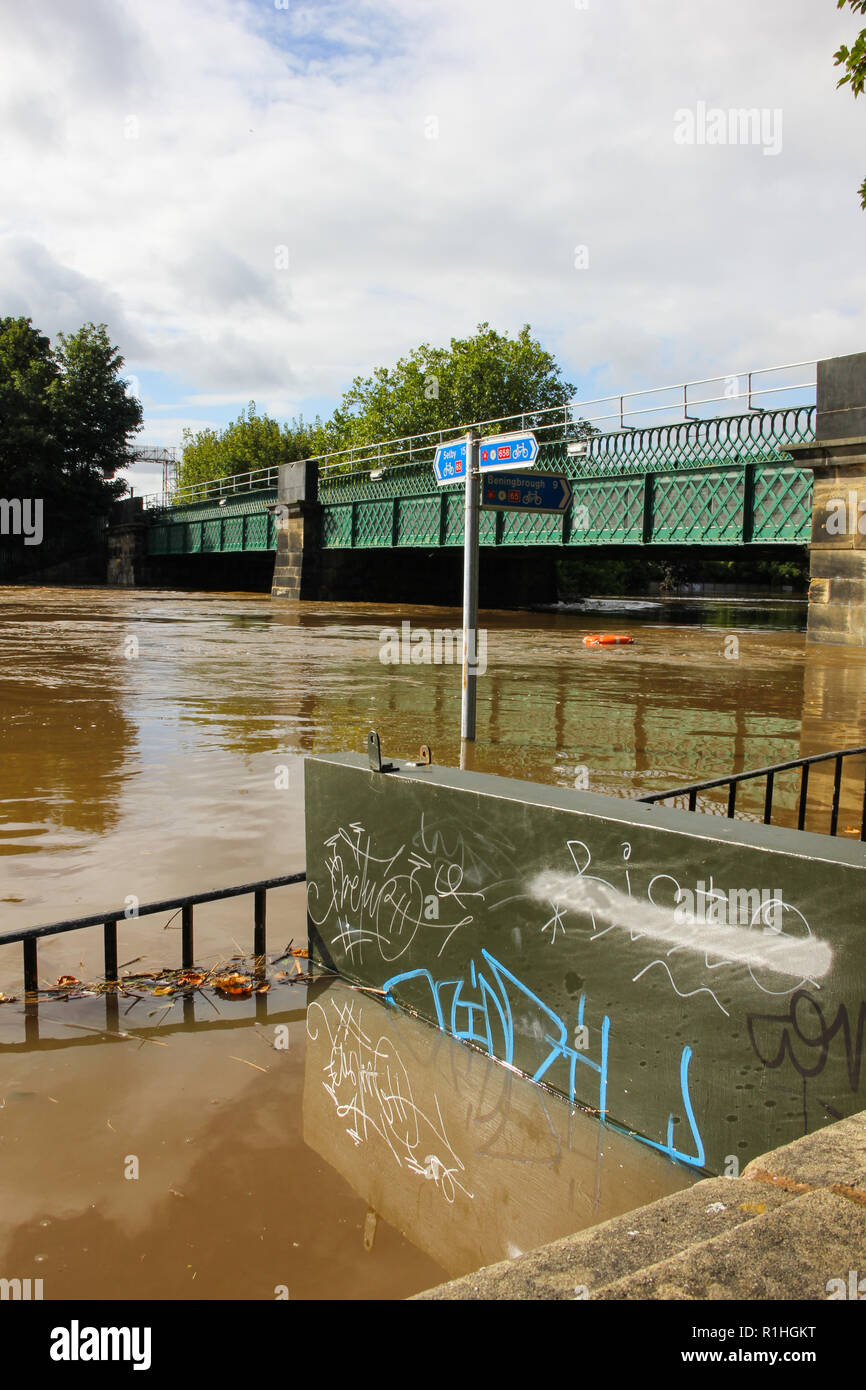 Heavy flooding near Scarborough Bridge seen over the flood defences in ...
