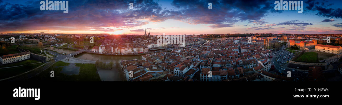 Bayonne France aerial panorama with sunset of medieval French town with ...