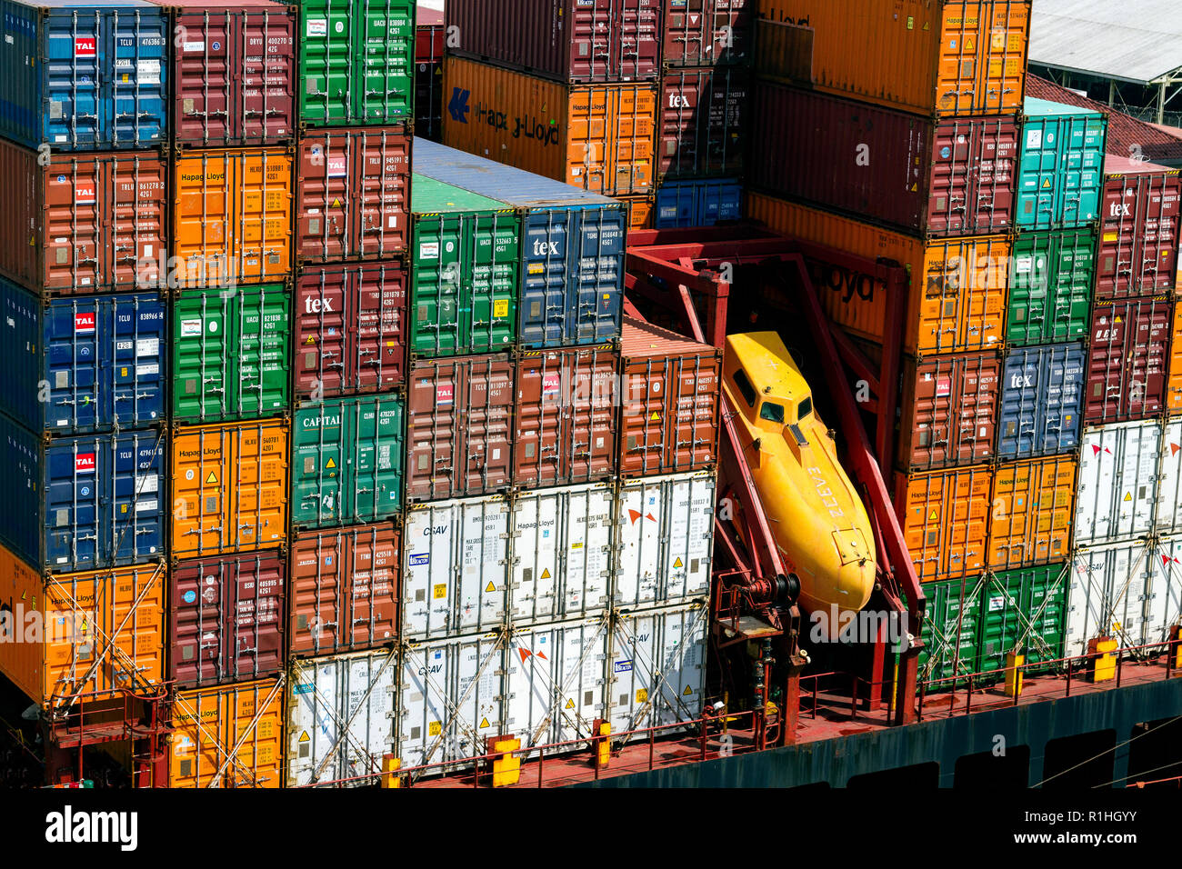 Deck cargo of containers on the aft end of a large container ship Stock ...