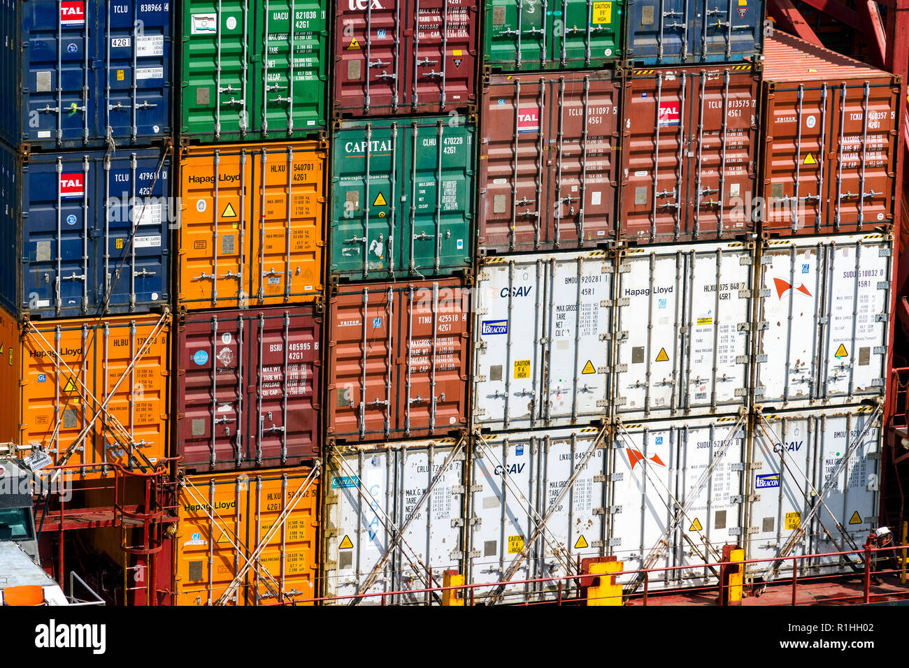 Deck cargo of containers on the aft end of a large container ship Stock ...