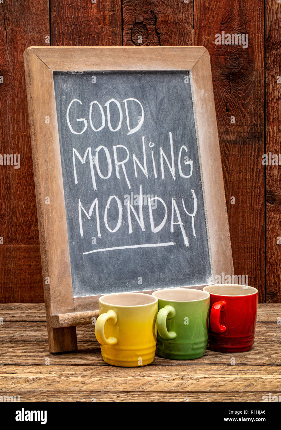 Good Morning Monday sign - white chalk handwriting on a blackboard with ...