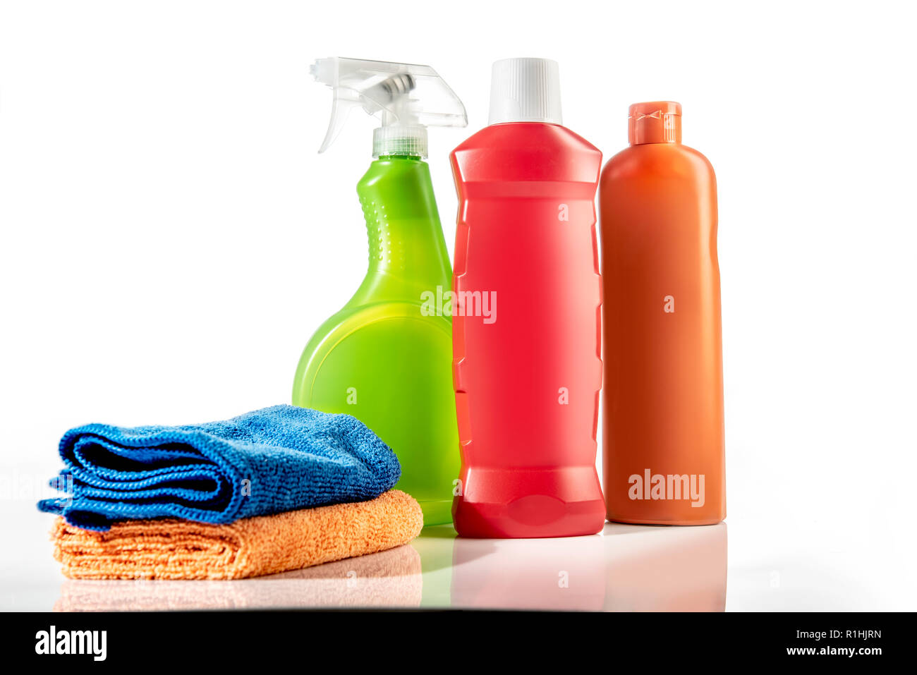 Cleaning equipment isolated over white background. Bottle, cleaner ...