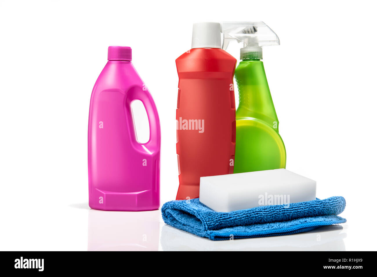 Cleaning equipment isolated over white background. Bottle, cleaner ...