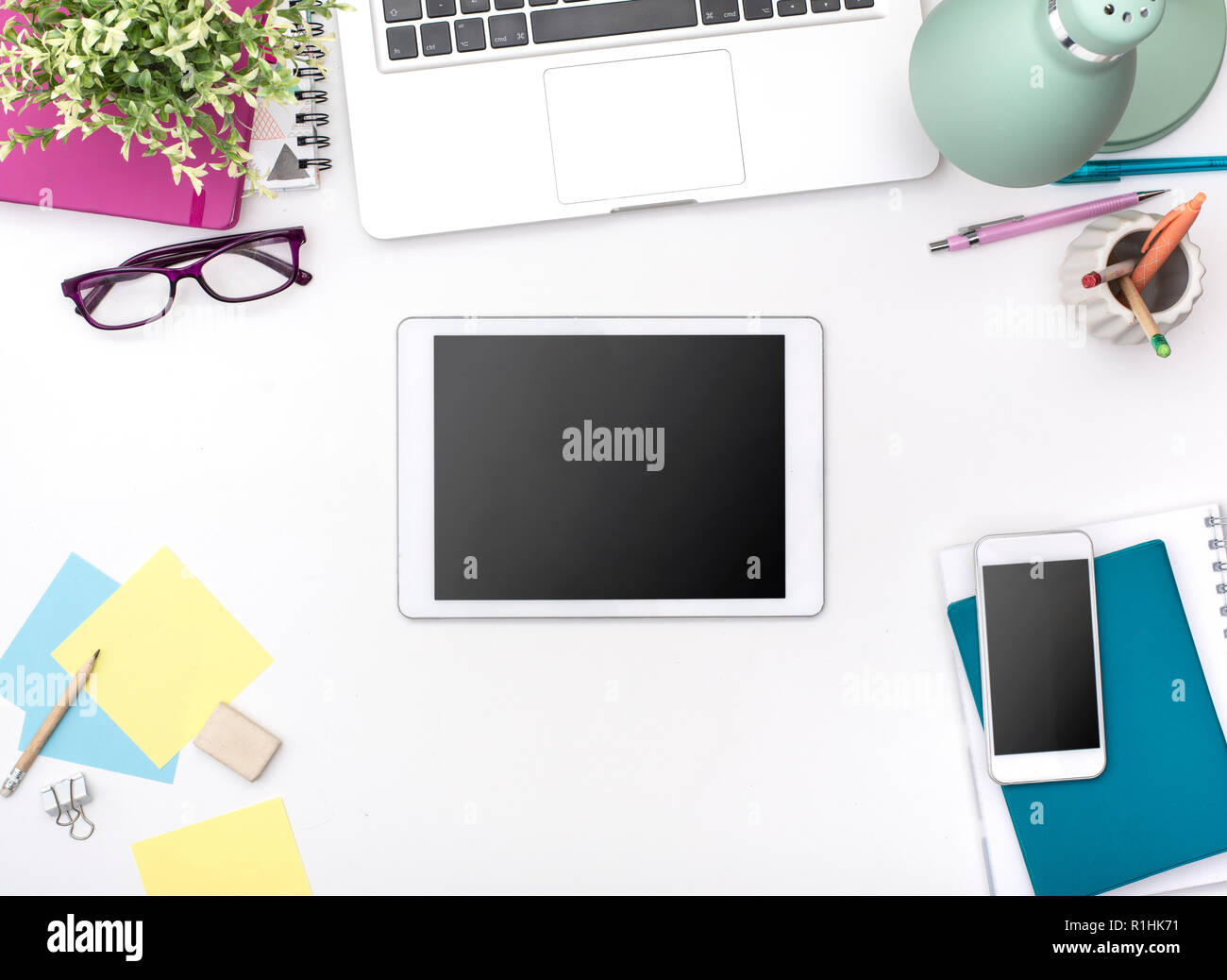 Top view home office desk mobile web design template Stock Photo - Alamy