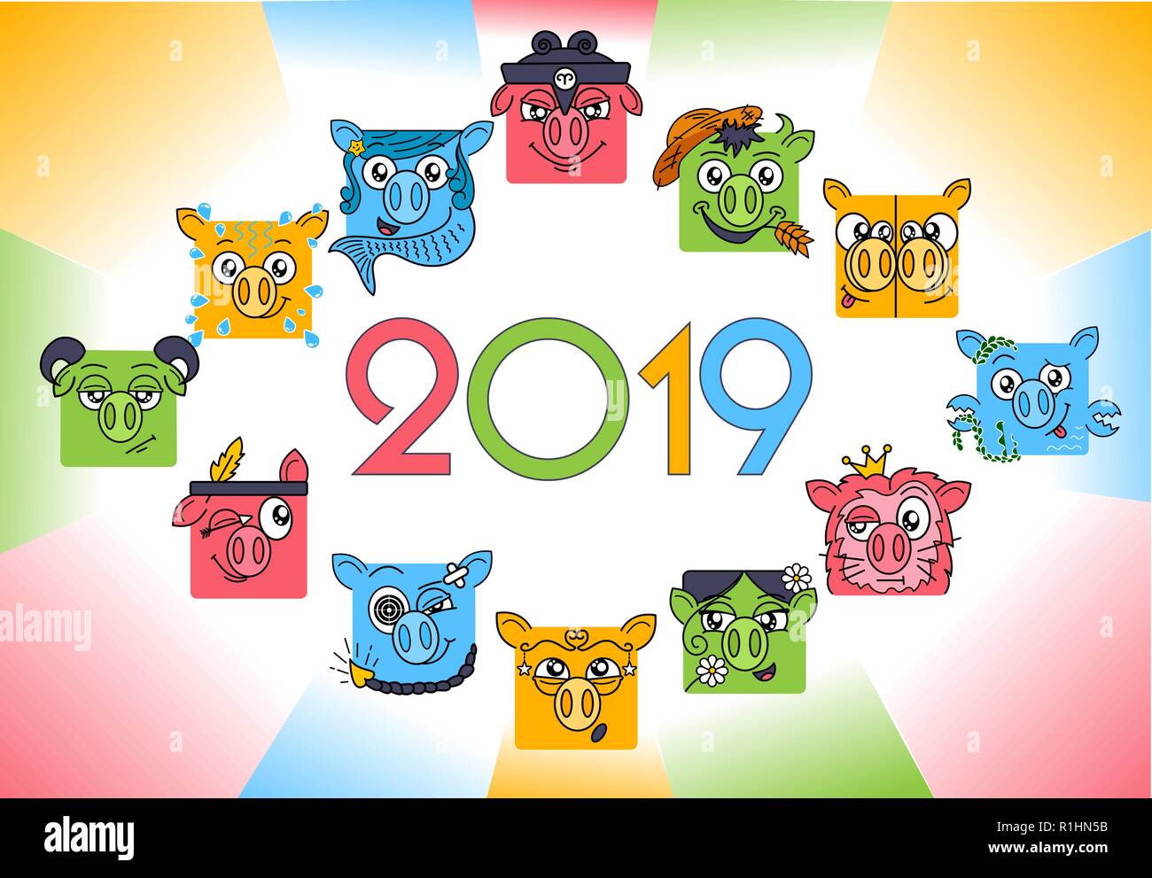Horoscope zodiac symbols 2019 year of a pig. Flat сartoon сhinese ...