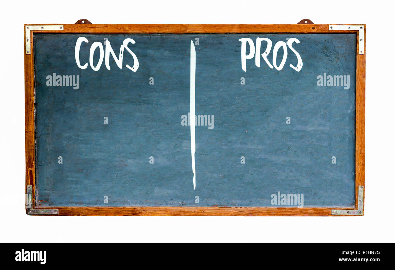 Pros and cons text words in white written on wide blue old grungy ...