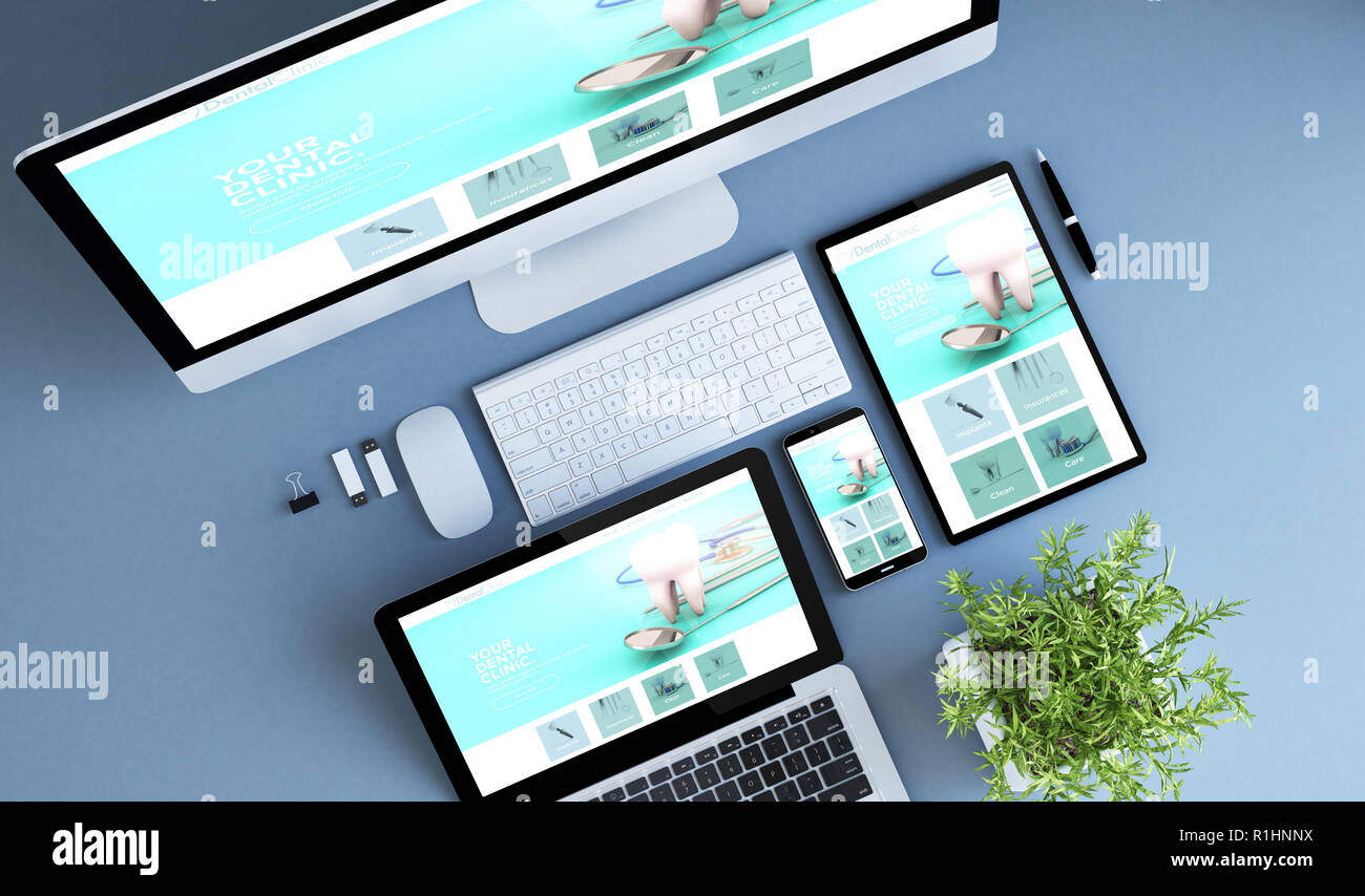 blue devices top view dental clinic 3d rendering Stock Photo - Alamy