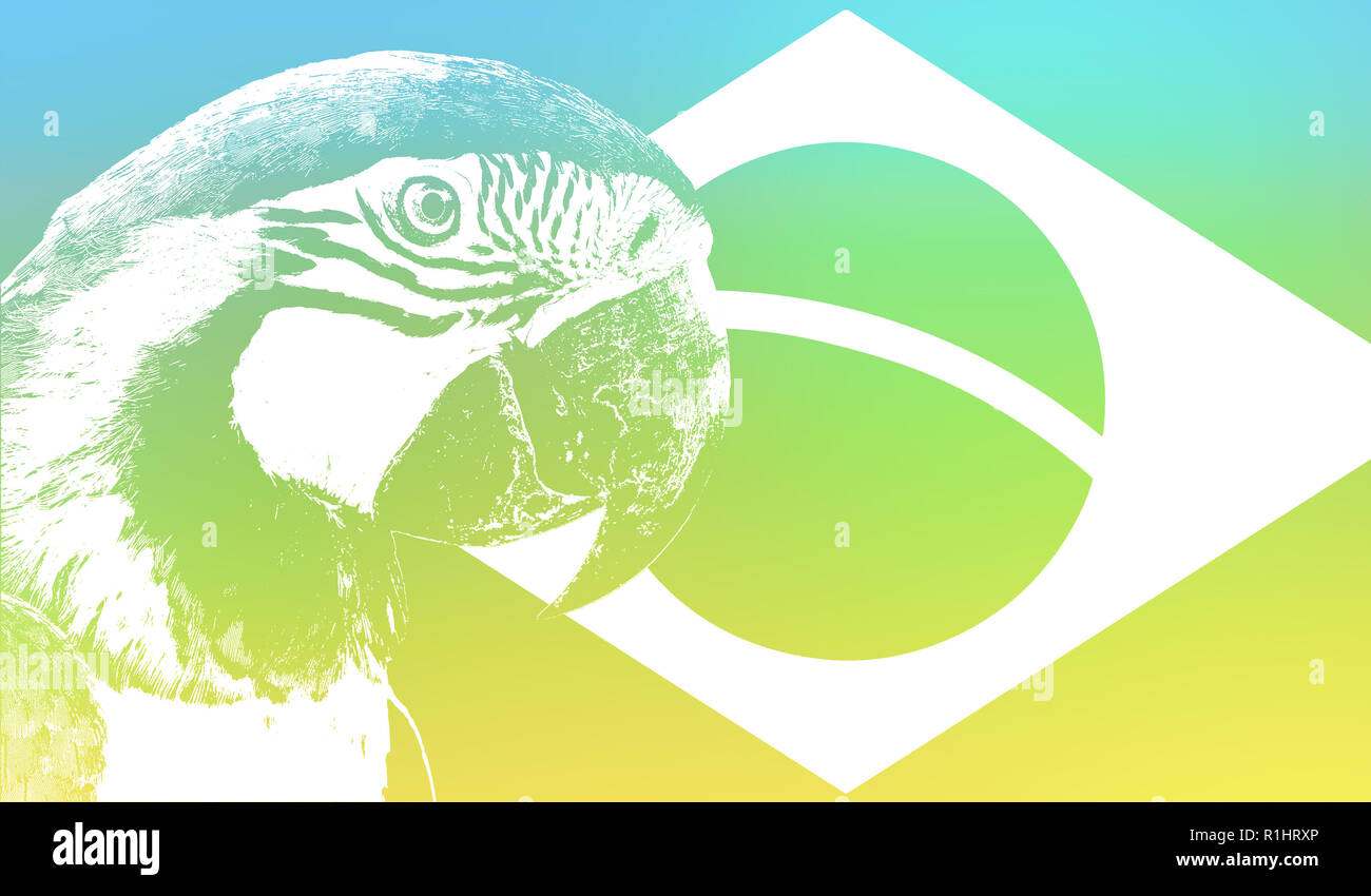 Brazil flag illustration with an Arara bird. Ecological, patriotic ...