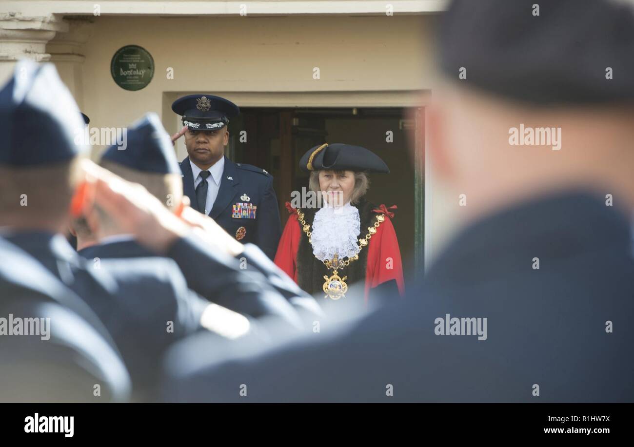 U.S. Air Force Airmen of the 501st Combat Support Wing present a salute ...