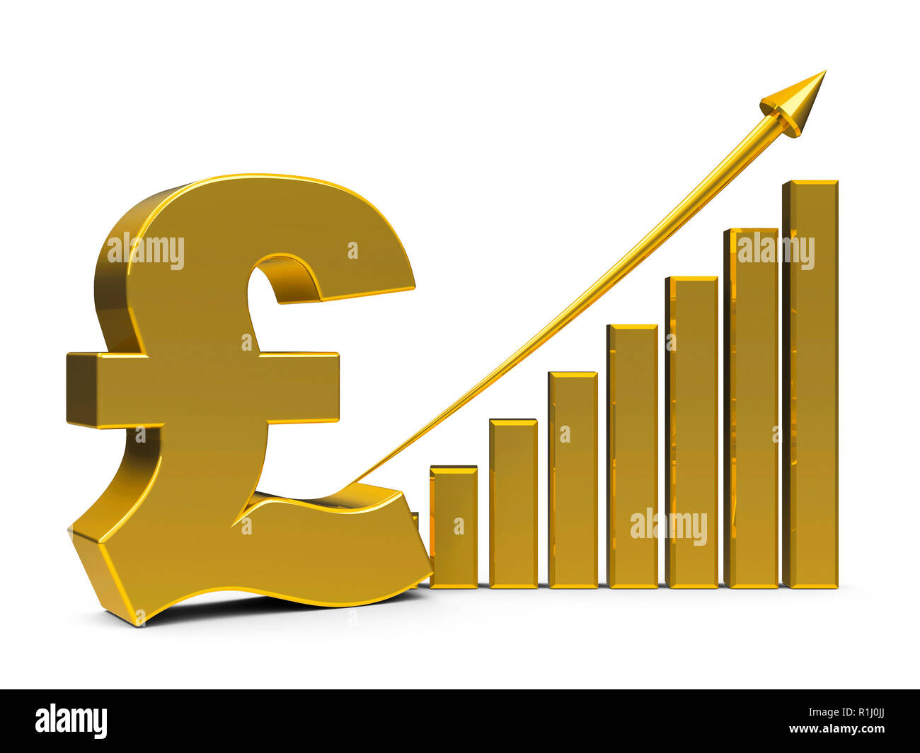 Gold business graph with arrow up and pound sign represents the growth of pound rate, three ...