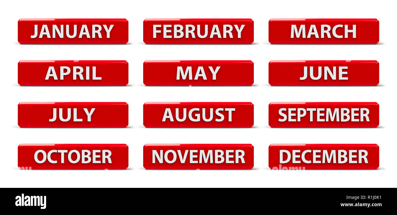 Set of months calendar web buttons, three-dimensional rendering, 3D ...