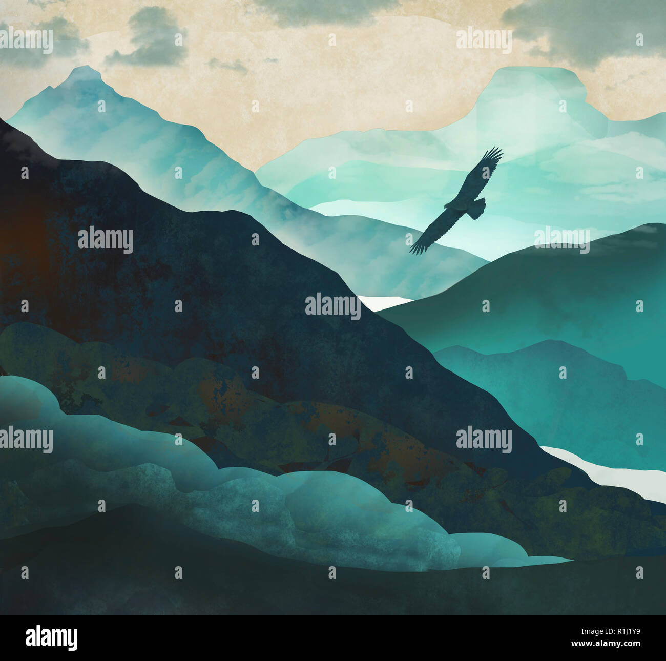 An eagle soars above a blue green valley in the mountains in this ... An eagle soars above a blue green valley in the mountains in this ...