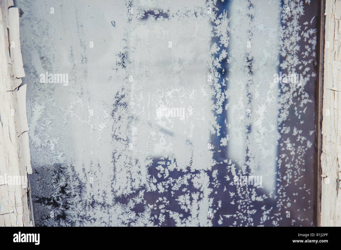 Old window glass covered with ice frost texture in winter Stock Photo ...