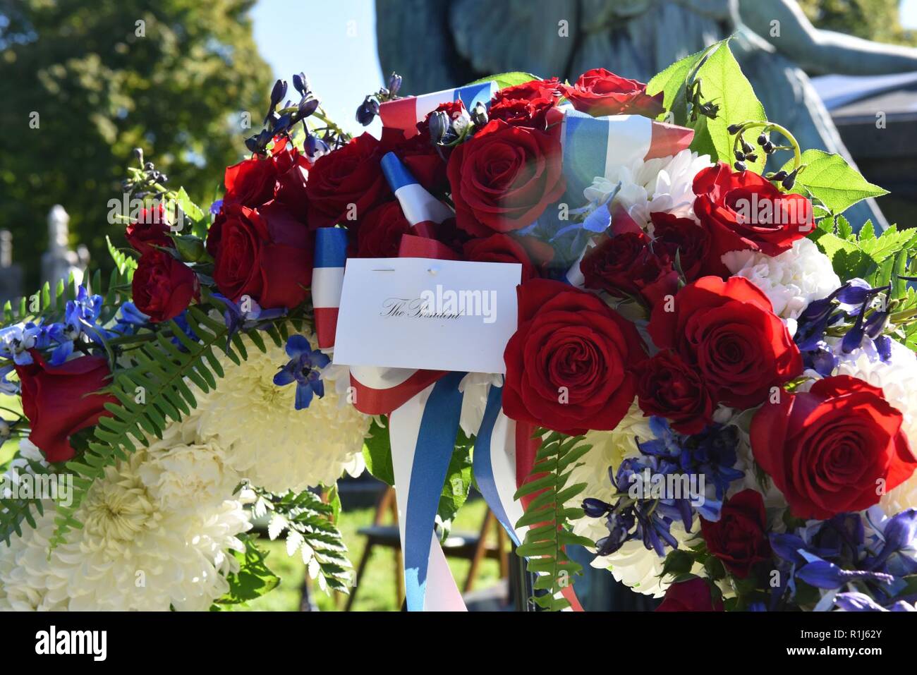 A wreath from President Donald Trump waiting to be presented during a ...