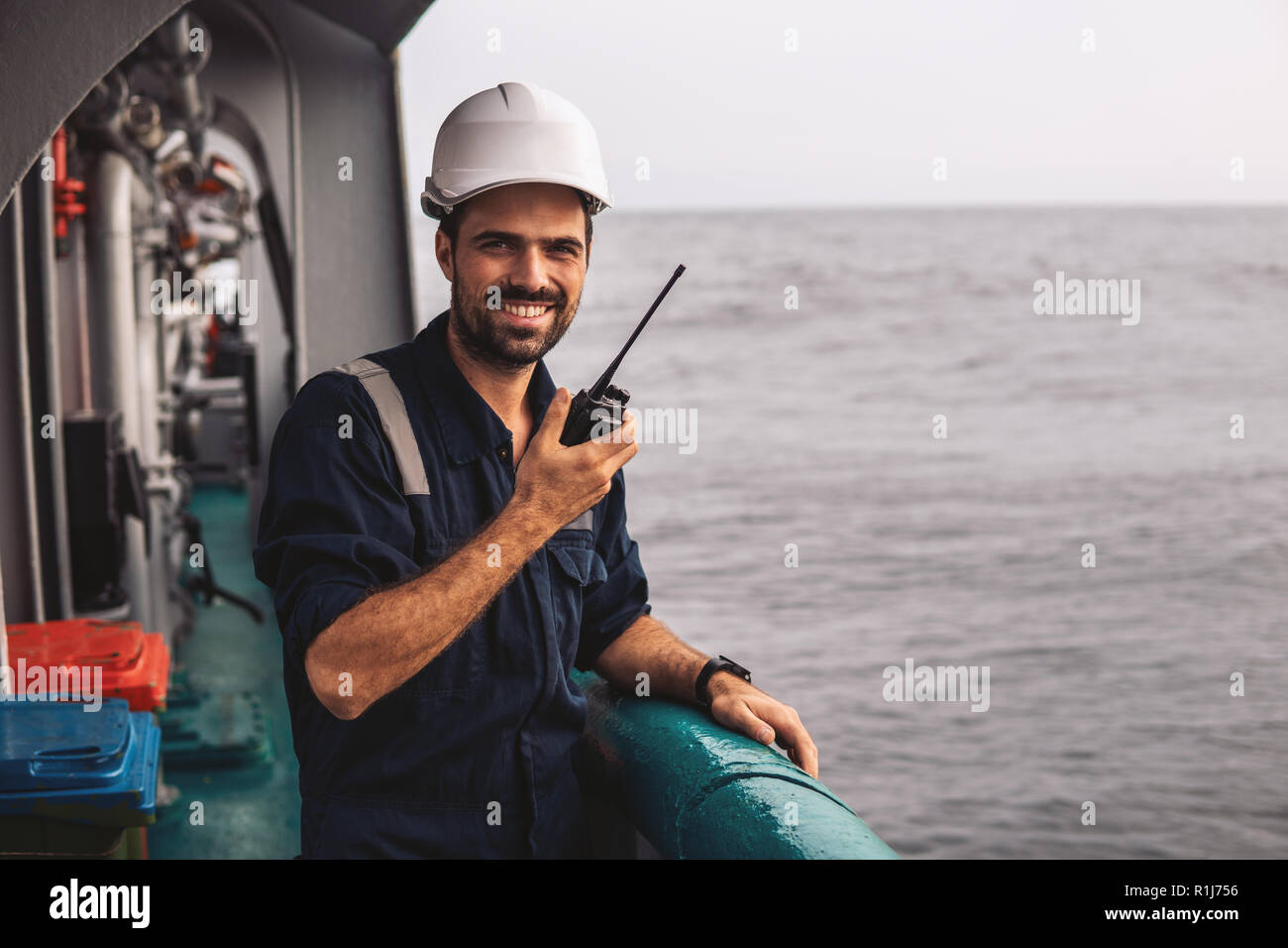 Marine Deck Officer or Chief mate on deck of vessel or ship Stock Photo ...