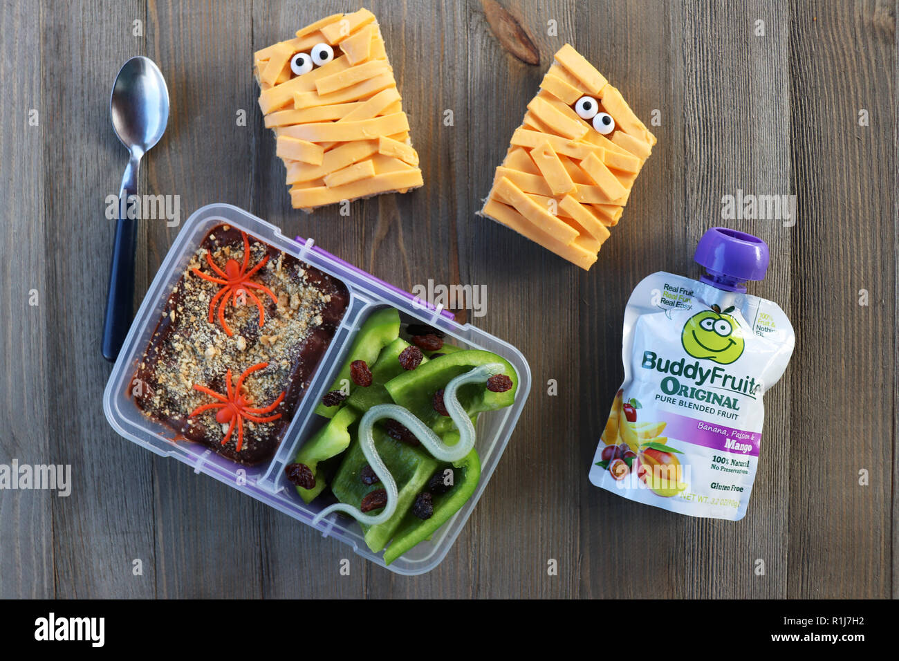 A healthy school lunch with Buddy Fruits during Halloween season Stock ...
