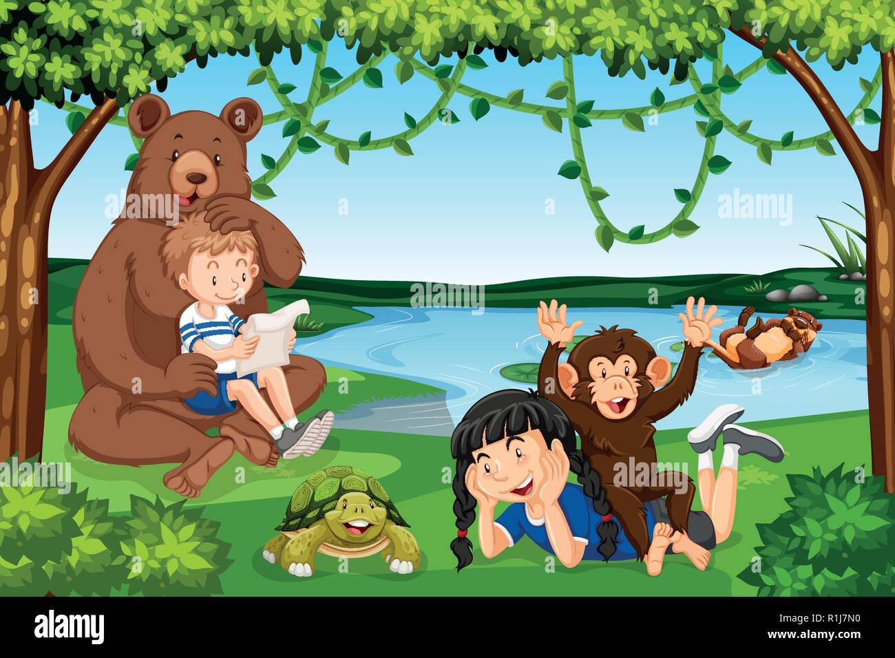 Children with wild animals scene illustration Stock Vector Image & Art ...