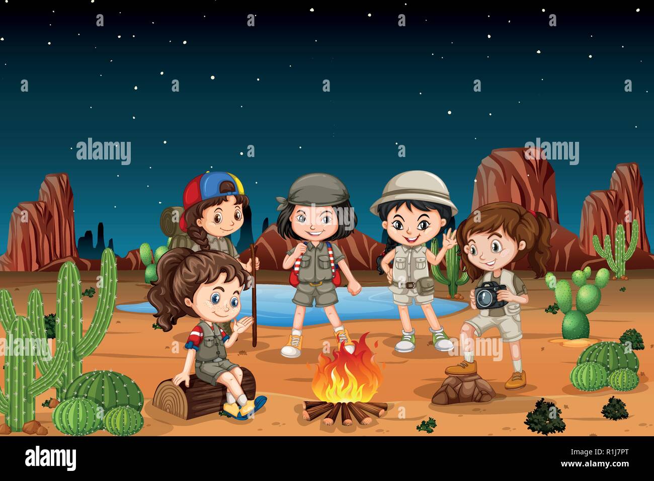 Group of children camping in the desert illustration Stock Vector Image ...