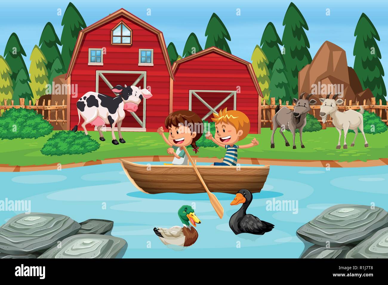 Children paddle wooden boat at farm illustration Stock Vector Image ...